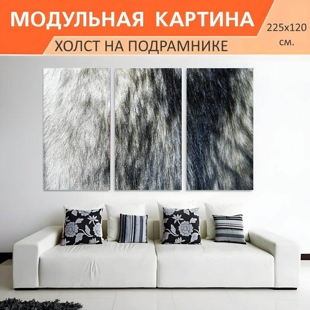 Модульная картина на холсте "Мех волка 001 Крупным планом фото волчьего меха в сером градиенте мех животное волк дизайн фон любящий." триптих на подрамнике 225х120 см. для интерьера