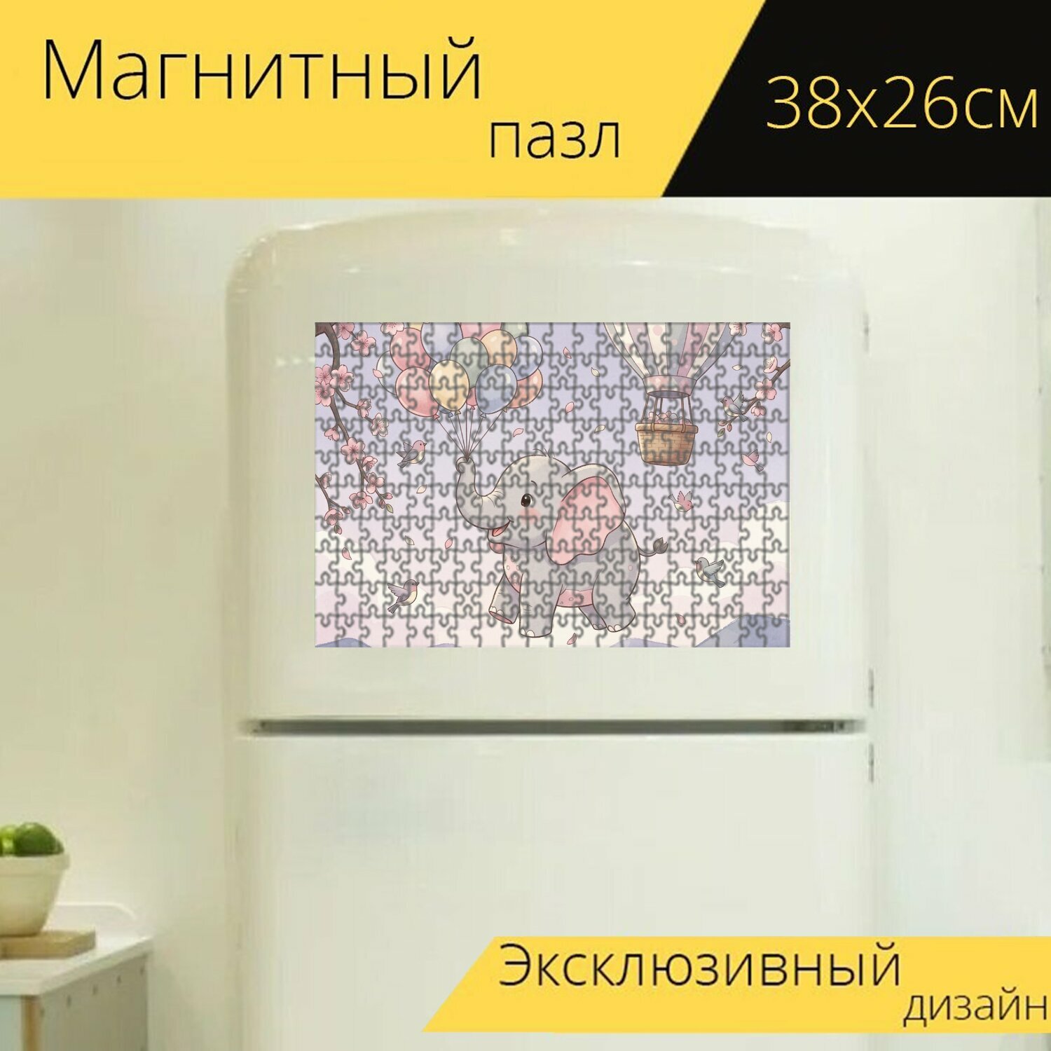 Магнитный пазл "Слон с шарами и воздушным шаром. Милый детский рисунок в пастельных тонах: серый слон с розовыми ушами, небо, облака, цветущие ветви сакуры." для интерьера, 38х26 см.