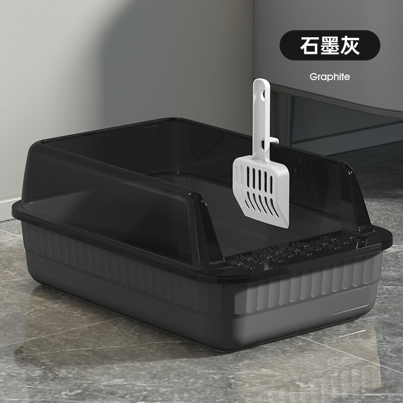 Большой кошачий туалет с защитой от разбрызгивания, полузакрытый, в комплекте лопатка, графитовый серый, размеры