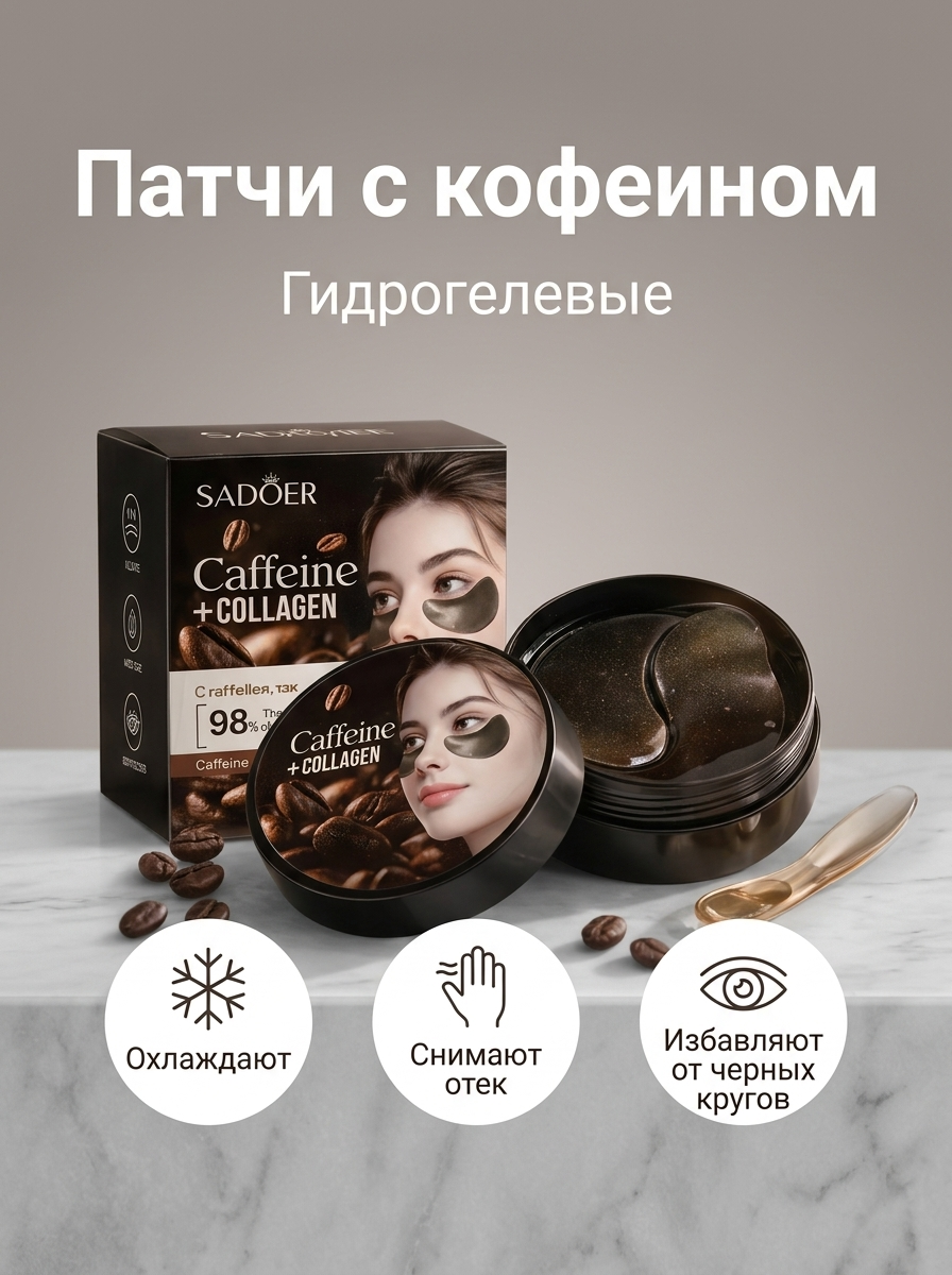 Гидрогелевые патчи для глаз SADOER с кофеином и коллагеном, 60 штук
