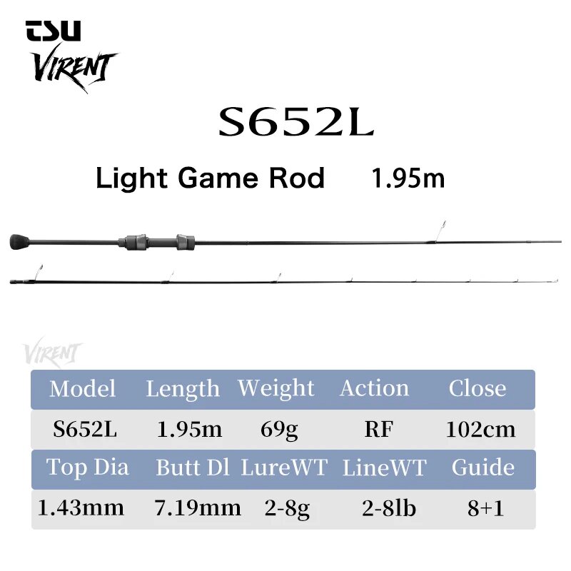 TSURINOYA VIRENT S652L Light Game Rod 1.95m, 69g, RF, 2-8lb