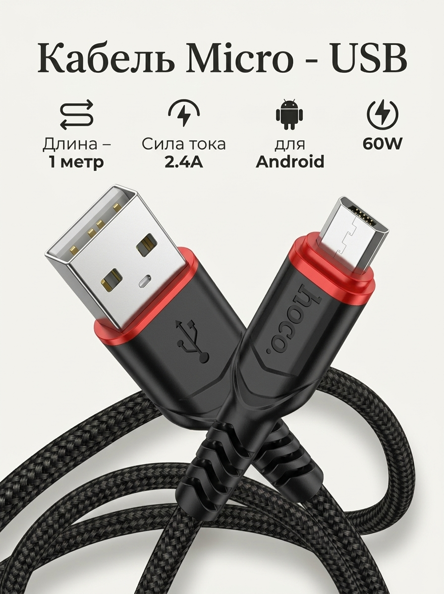 Кабель USB - Micro USB для быстрой зарядки планшета, смартфона на Android, 2,4А, 1м.
