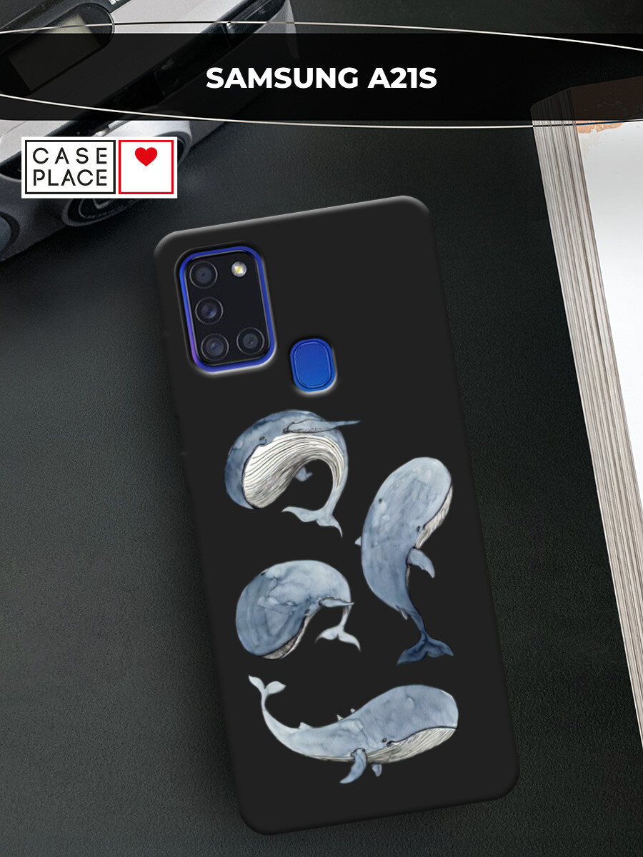 Черный матовый чехол на Samsung Galaxy A21s / Самсунг Галакси A21s с принтом Киты
