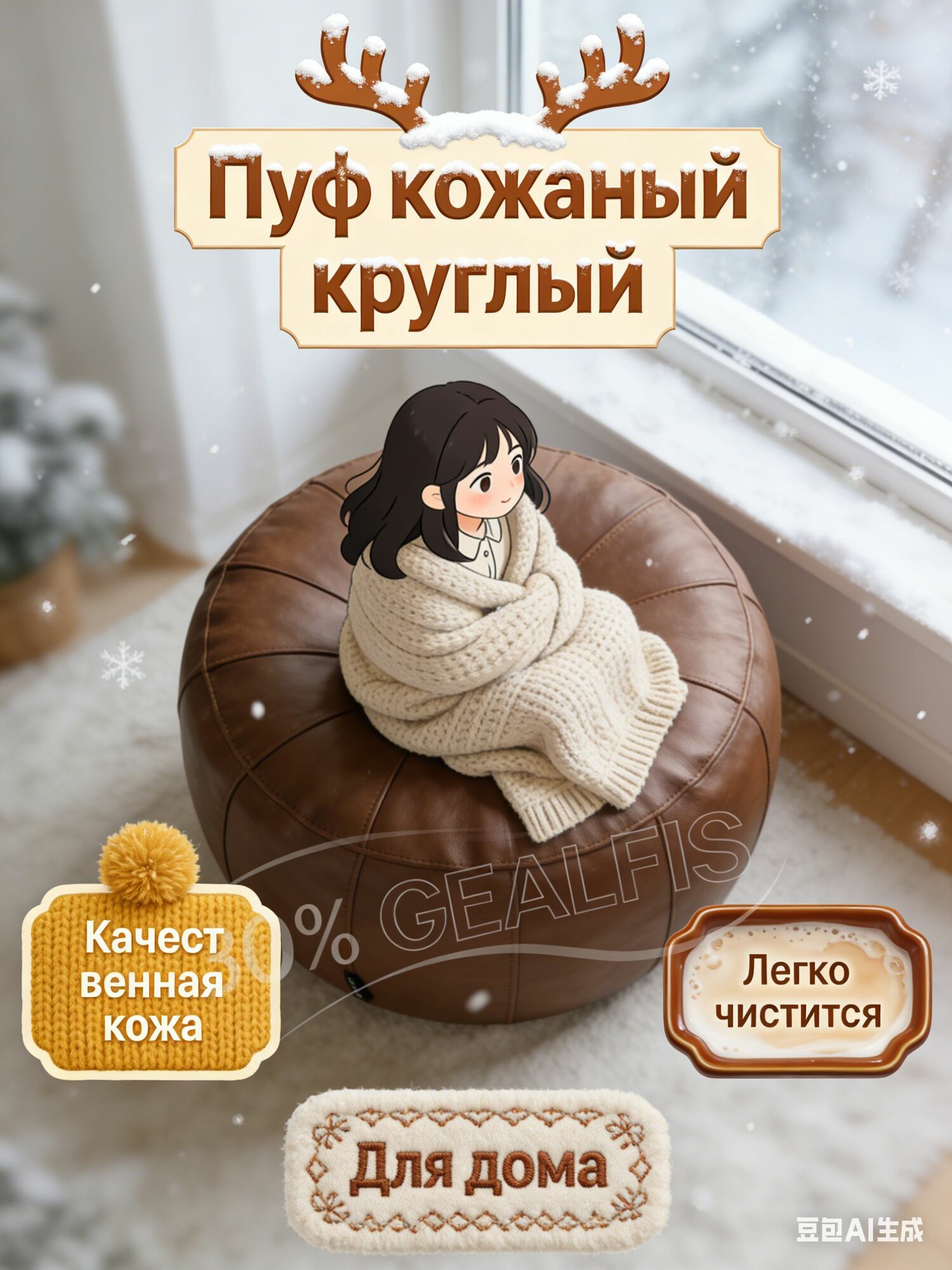 Кожаный круглый пуф коричневый — сиденье и декор с современным стилем для гостиной, спальни или офиса легко чистится