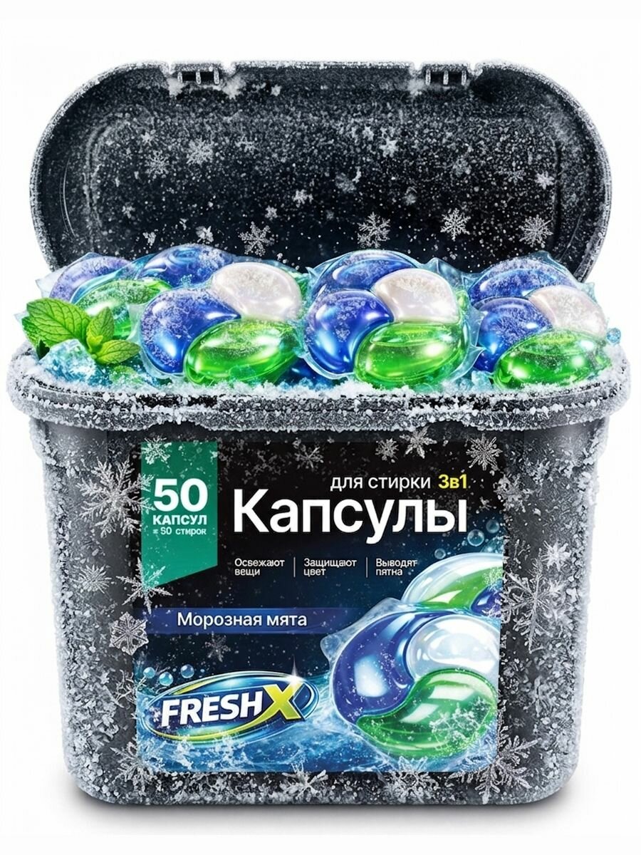 Капсулы для стирки белья FRESH X, 3в1, Морозная Мята, 50 штук, с кондиционером стиральные капсулы мята капсулы 3в1 с кондиционером