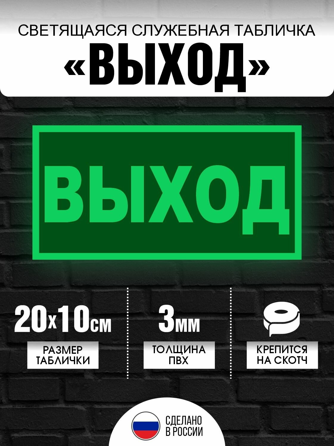 Фотолюминесцентная эвакуационная табличка "Выход" 20х10 см, Печатник