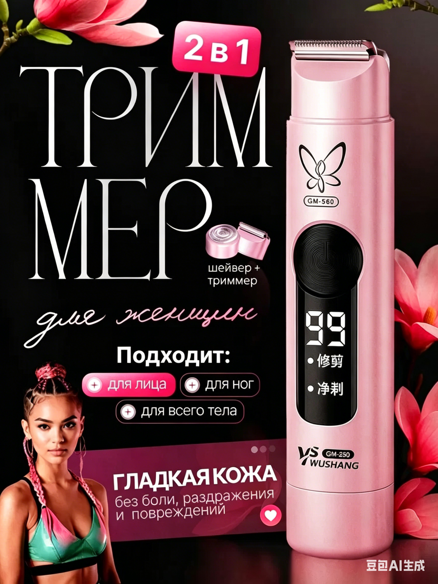 Триммер Woman Base, 2 насадки, женский электрический триммер для ухода за телом