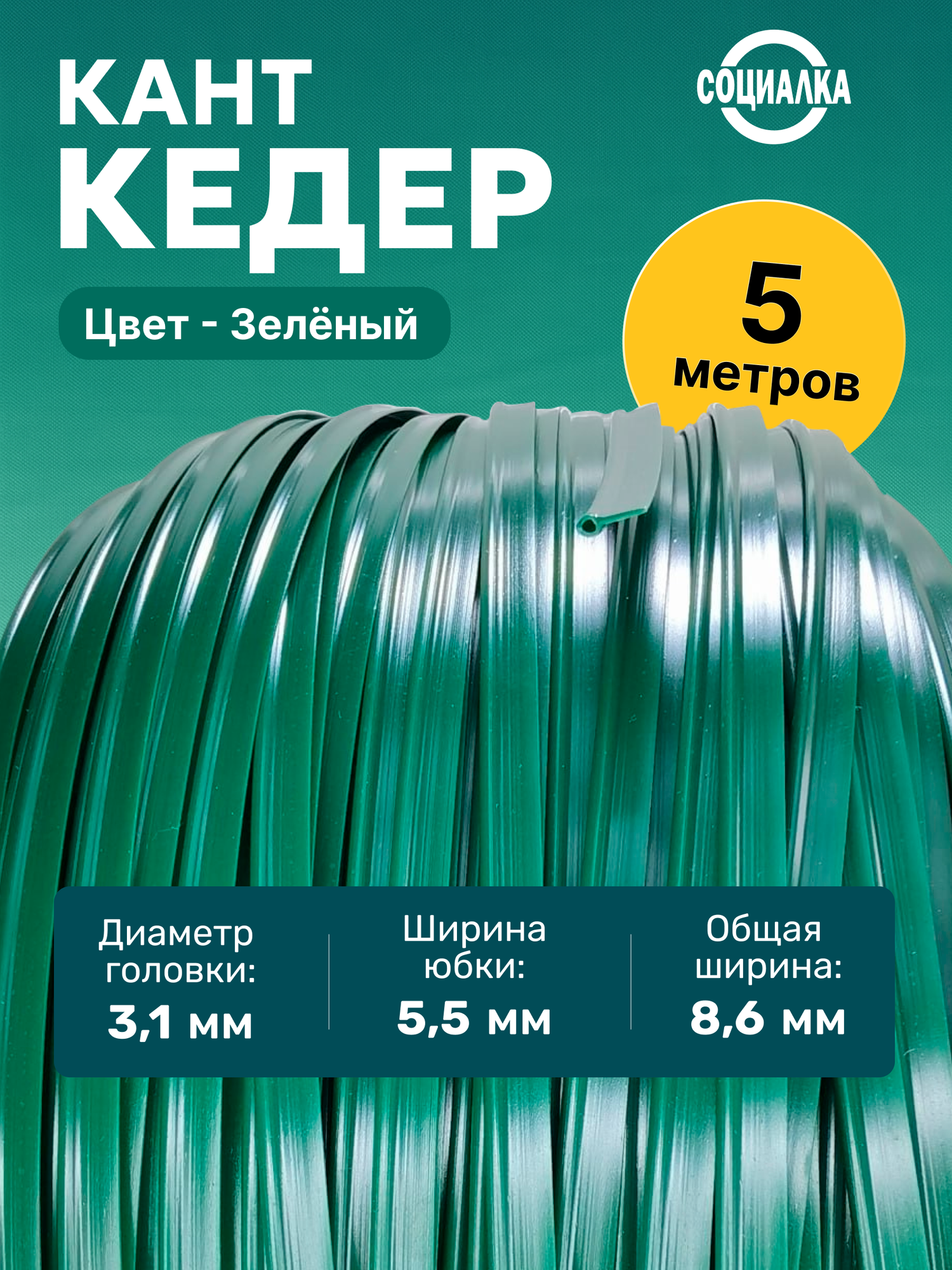 Кедер ( кант, жилка) для сумок, авточехлов и одежды, намотка 5м, зеленый/размер: ширина головки 3,1мм; длина юбки 5.5мм