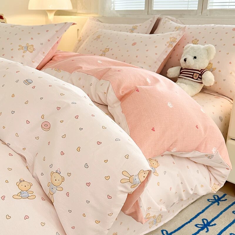 Пододеяльник 150x200 см из 100% хлопка, медвежий рисунок, розовый цвет, мягкий, дышащий