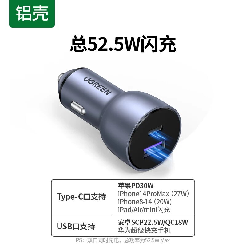 52.5Вт общая мощность USB-C быстрая зарядка автомобильное зарядное устройство, совместимое с iPhone и Android телефонами