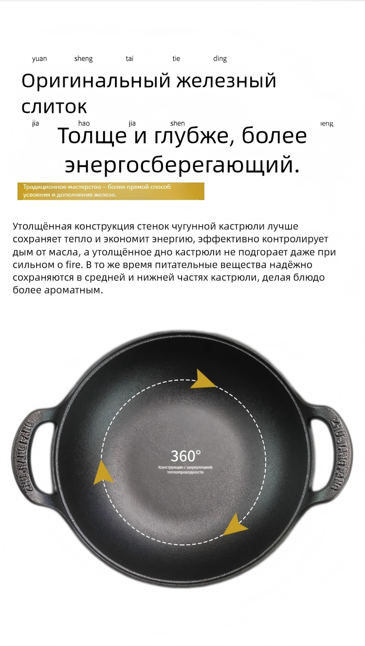 Горшок чугунный "Юаньбао", двусторонние ручки, толстостенный，+ Стеклянная крышка в подарок（32cm）
