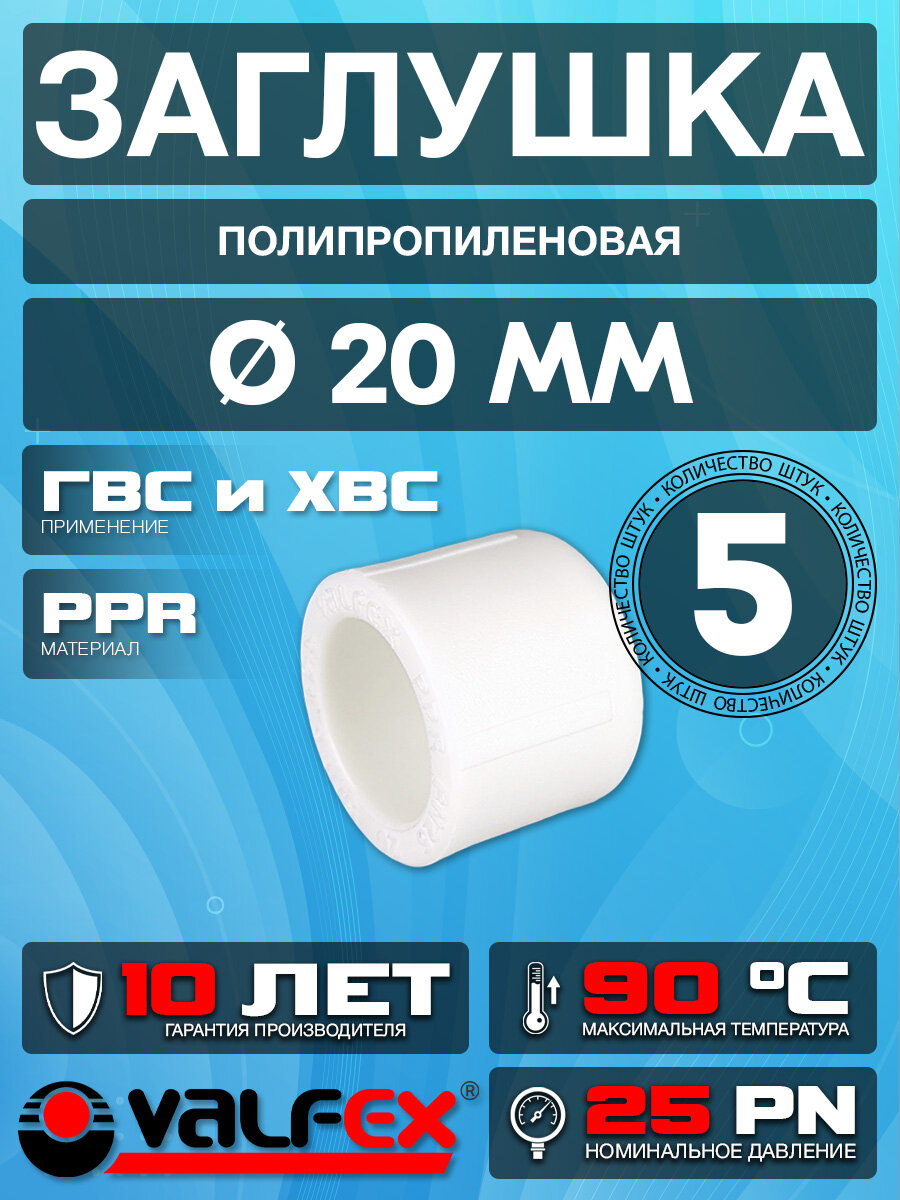 Заглушка полипропиленовая Valflex для труб диаметром 20 мм. (5 шт)