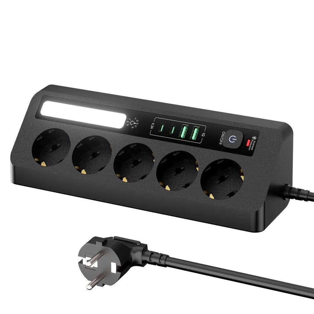 Сетевой фильтр настольный, 5 розетки + 2 USB и 2 TYPE-C, кабель 1.8м, с ночником