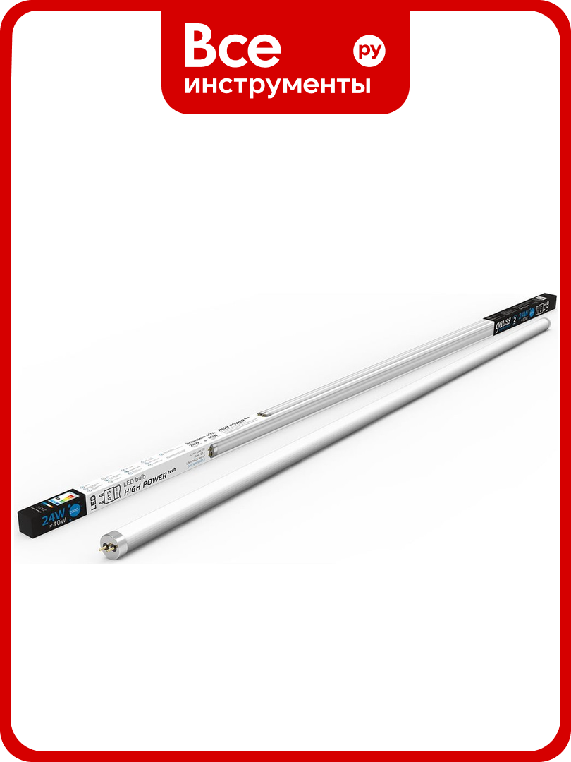 Лампа Gauss Elementary, T8, 24W, 2000lm, 6500K, G13, 1200mm, стекло, LED, 1/20 93034
