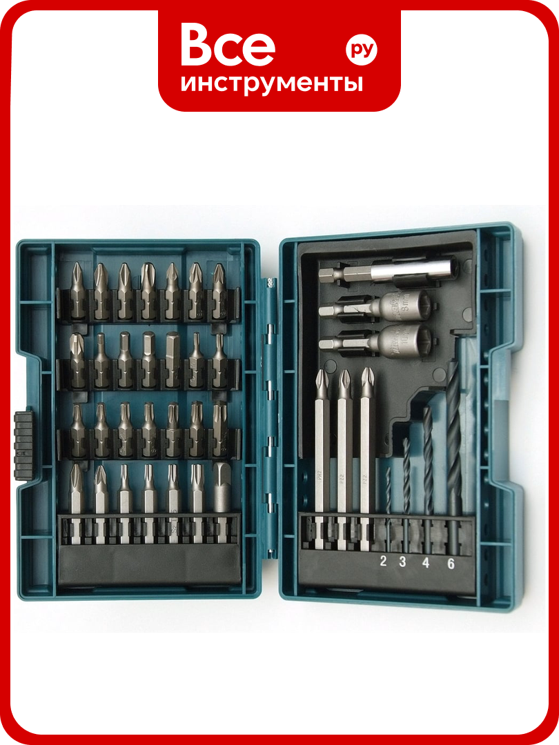 Набор насадок Makita B-54106, 38 предметов, торцевые головки, битки Phillips и Pozidriv, спиральные сверла для дерева