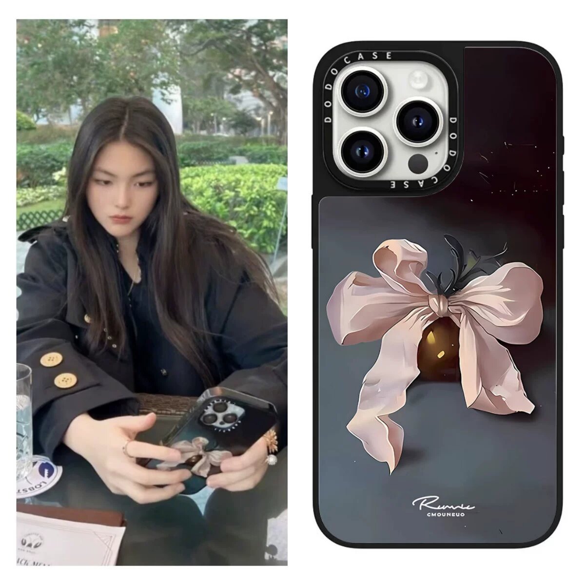 Чехол для iPhone 17 Pro прозрачный с черным фоном и розовой лентой, зеркальный черный ободок