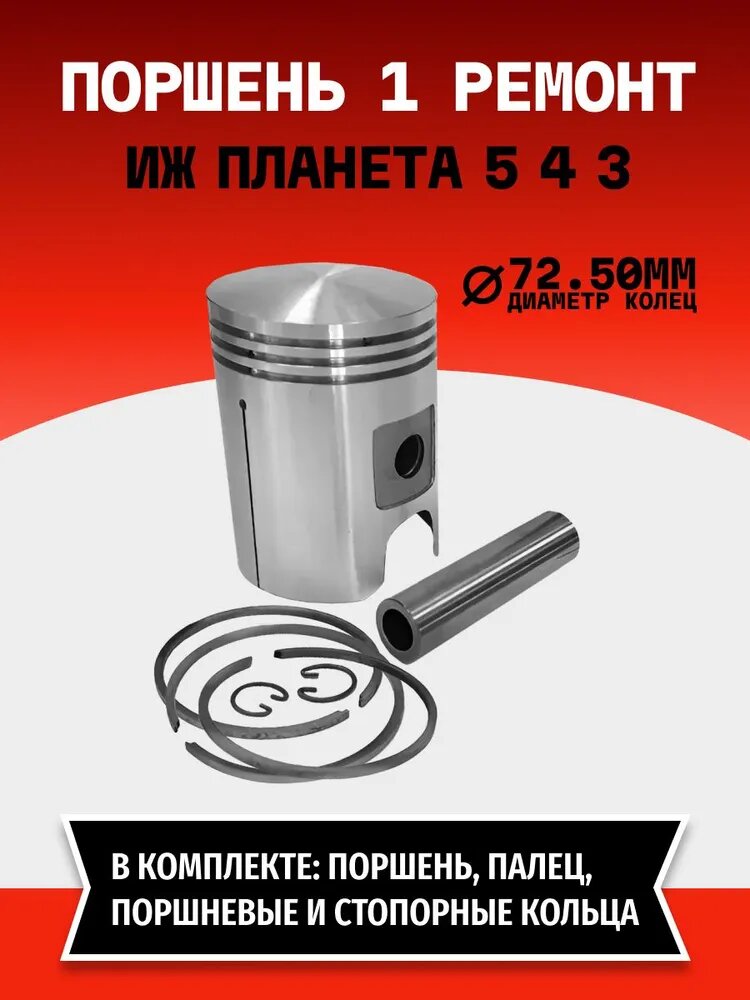 Поршень 1 ремонт (72.5) Иж Планета 5 4 3 российский с кольцами и пальцем