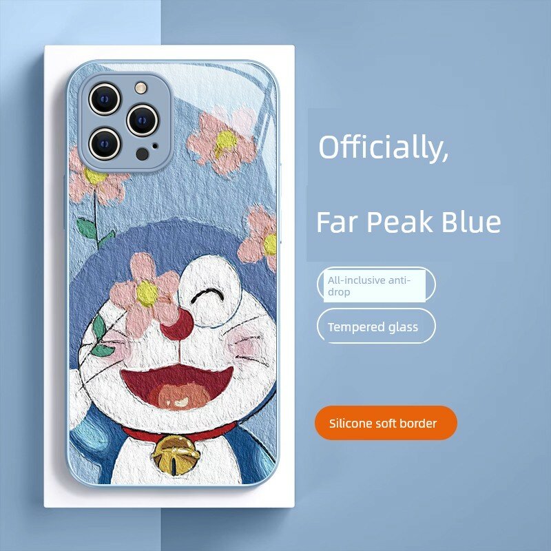Мягкий чехол из металлического стекла с рисунком Дорамон для iPhone 16, синий с защитным покрытием