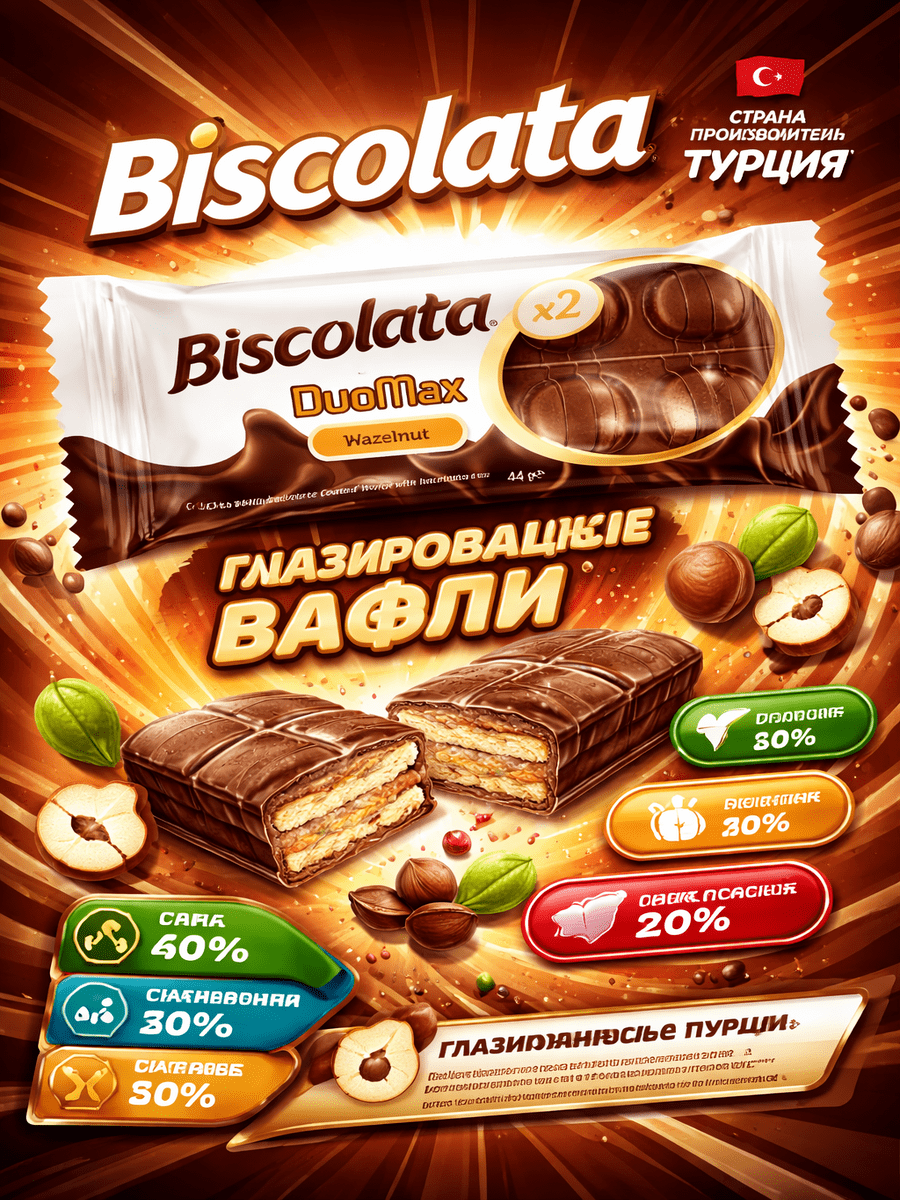 Вафли Biscolata Duomax фундук, 44г