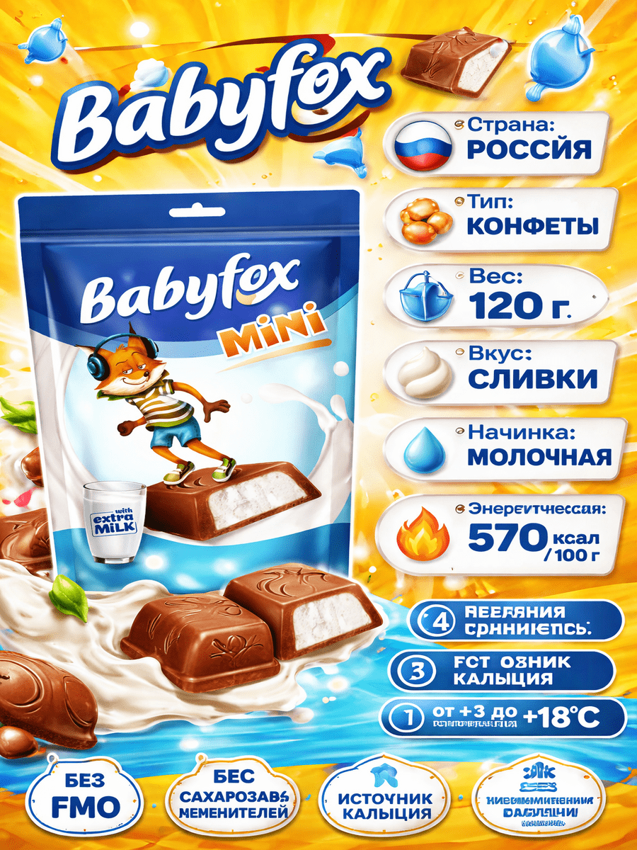 Конфеты BabyFox шоколадные с молочной начинкой, 120г