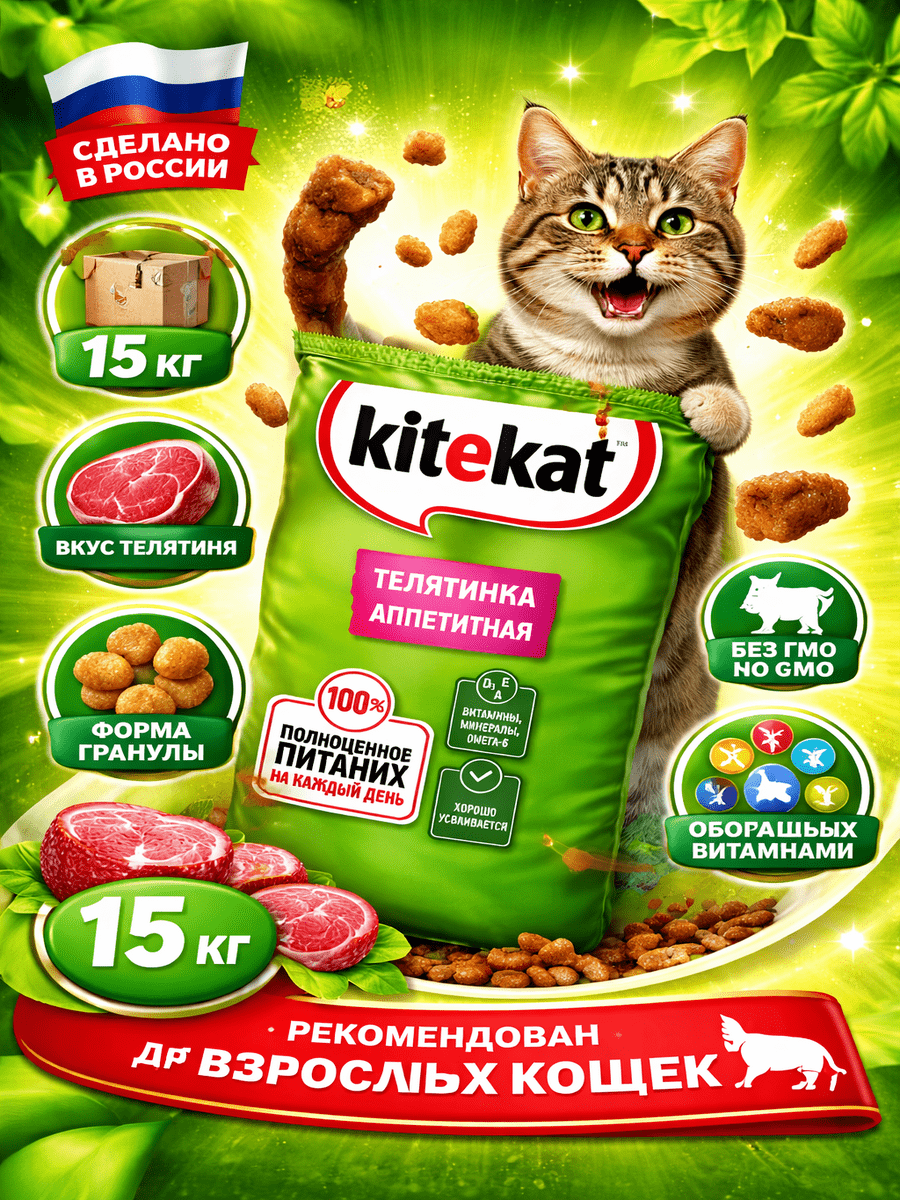 Корм сухой Kitekat Телятинка аппетитная для взрослых кошек, 15кг