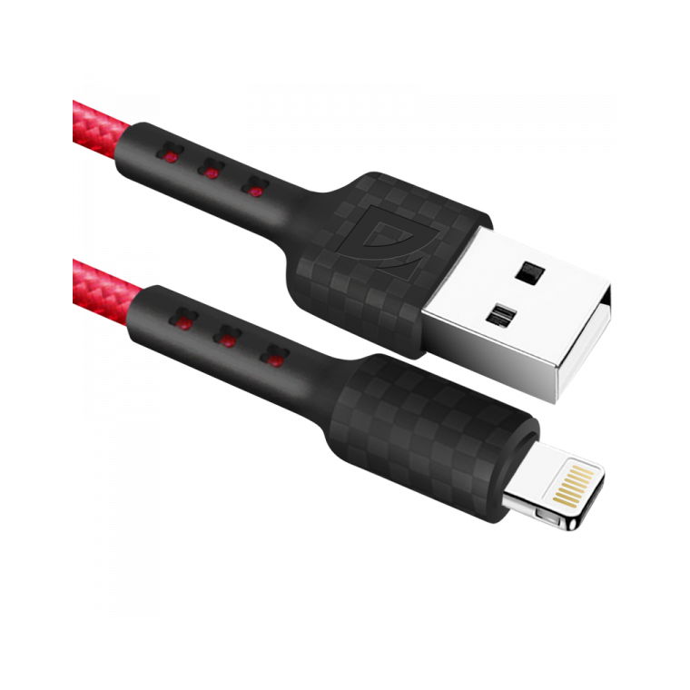Кабель USB 2.0 AM - Lightning (M) (1м) 2.4А Defender F181 нейлон, красный, пакет-test