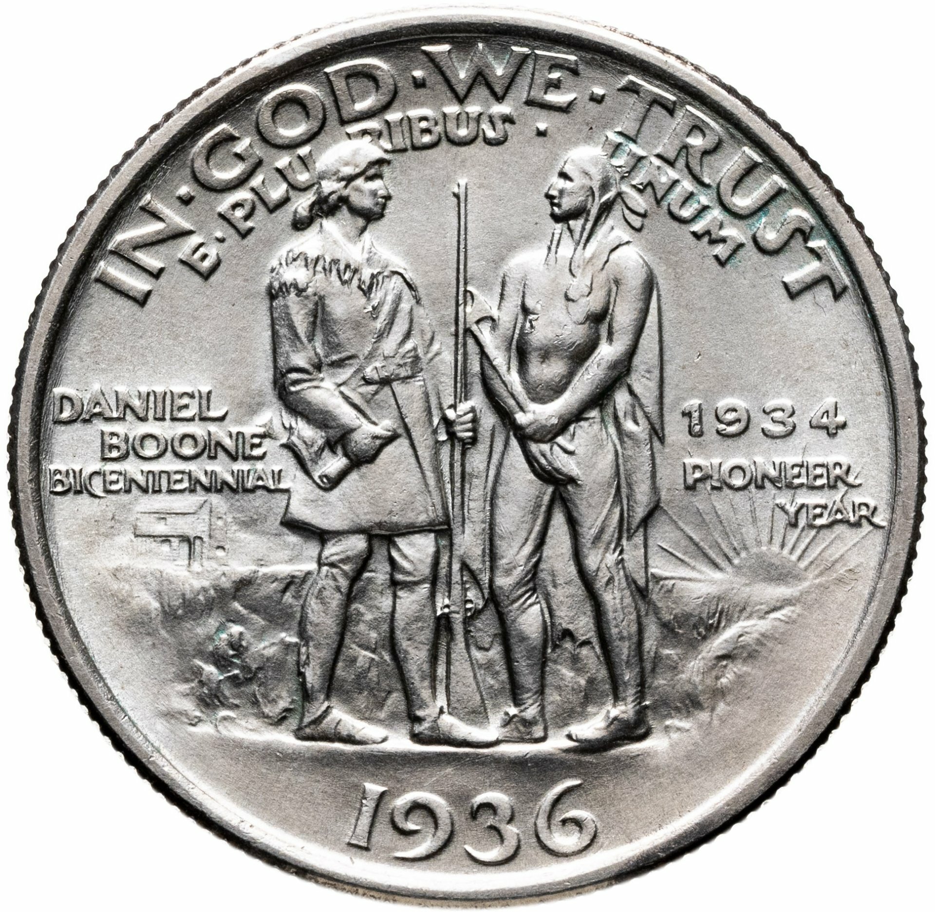 США 50 центов 1/2 доллара, half dollar 1936 "200 лет со дня рождения Даниэля Буна /дата над словом PIONEER", Серебро 900, в сохранности UNC