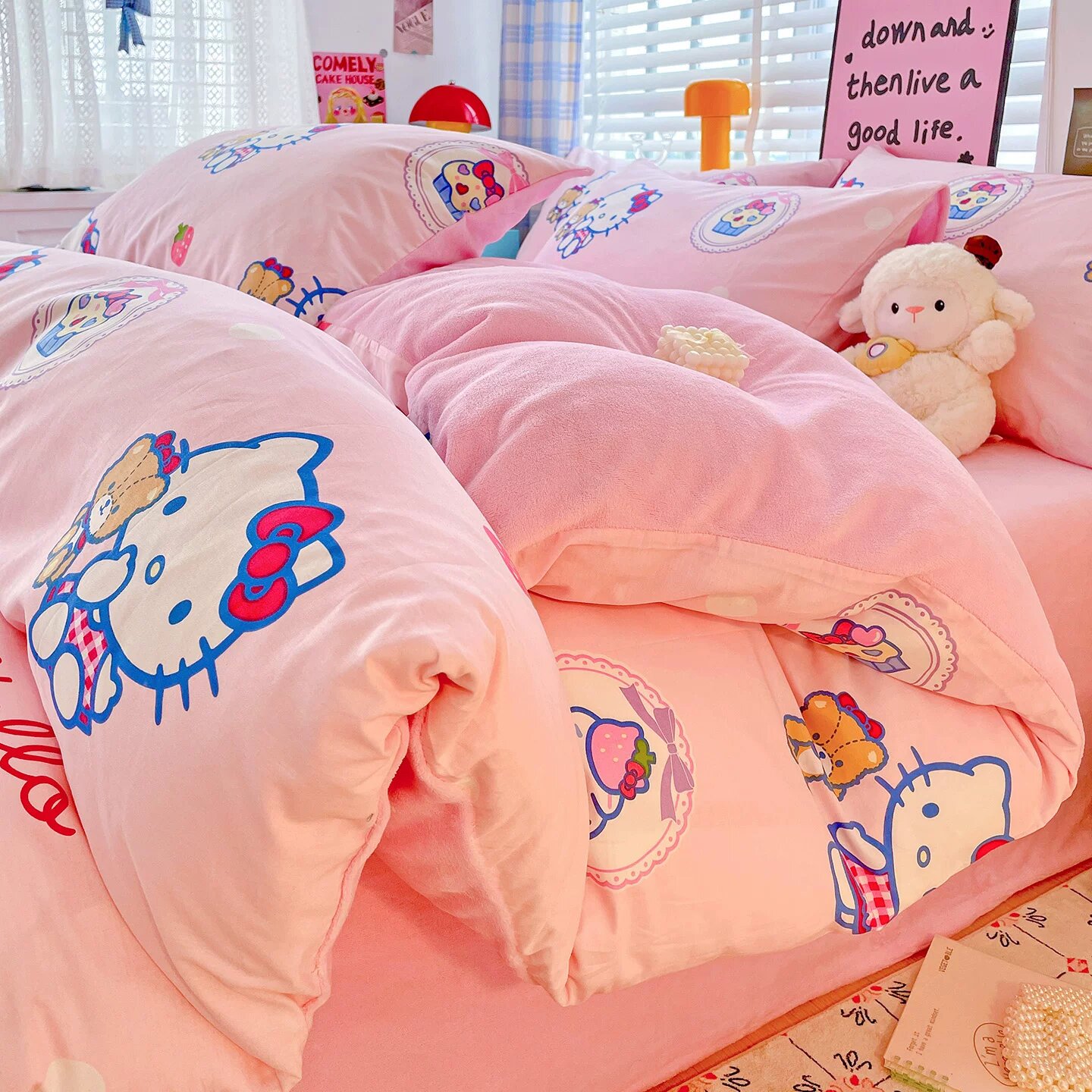 Комплект постельного белья Hello Kitty из чистого хлопка и молочного вельвета, четыре предмета, одна сторона из чистого