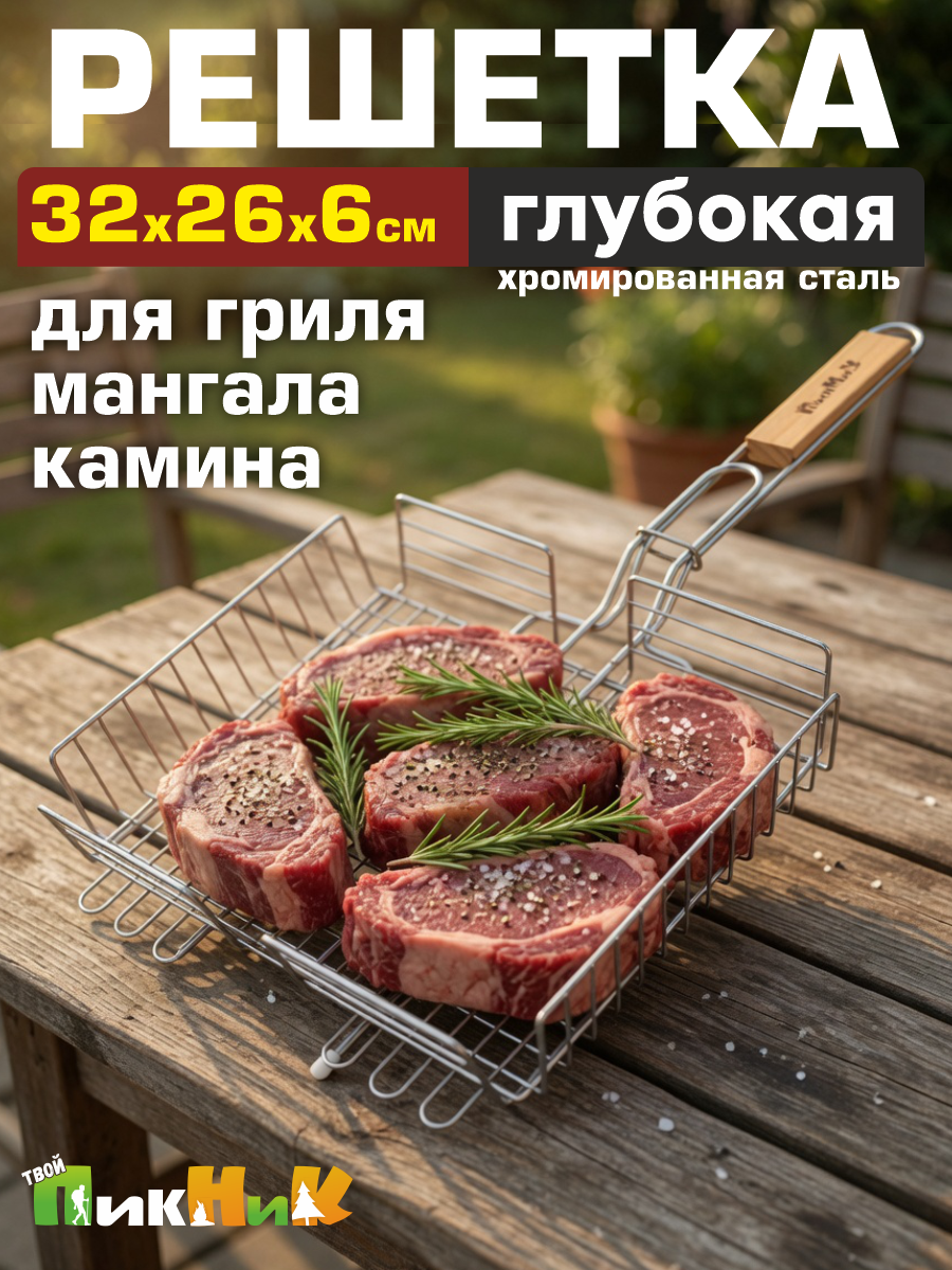 Решетка для мангала гриль 64(+3)х32х26х6 см для овощей антипригарная глубокая 'Твой Пикник'
