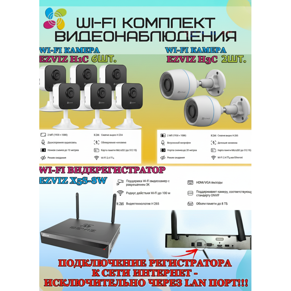 Wi-Fi Комплект видеонаблюдения EZVIZ на 8 камер видеонаблюдения - 2Мп Full HD 1920x1080P (CS-X5S-8W + 2хCS-H3c + 6хCS-H1c) 2.4 ГГц IP67, Двусторонняя аудиосвязь, ИК до 30м, угол 125гр