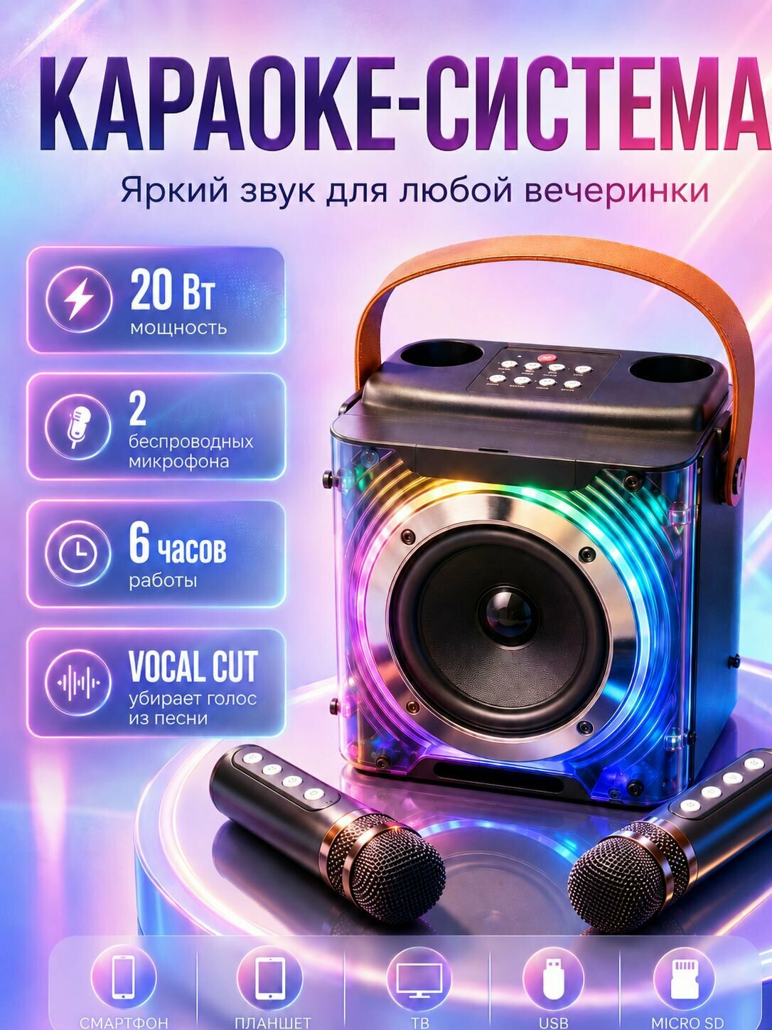 Караоке-система с двумя микрофонами, портативная, с функцией дуэта и записи, поддержка MP3+G, CD+G, WAV