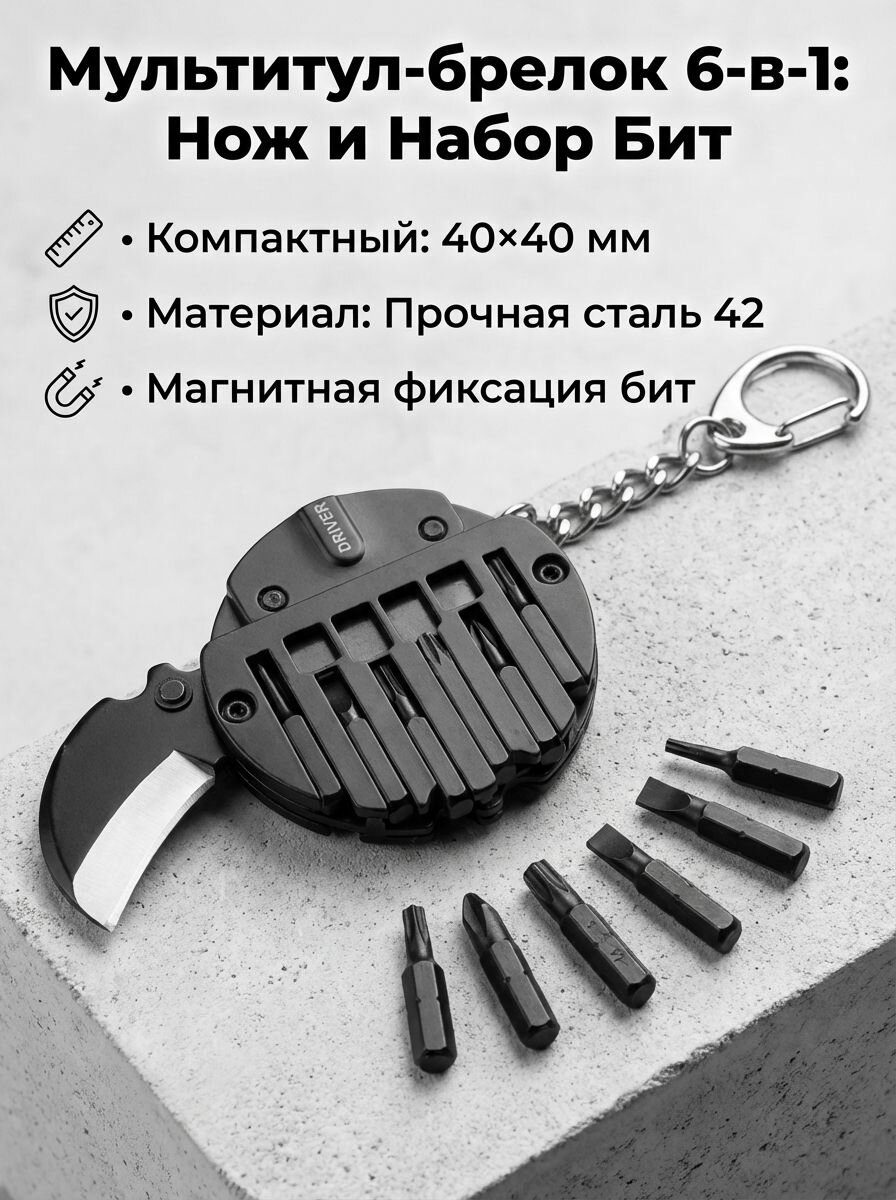 Мультитул-Черный "Брелок нож" походный с отверткой, многофункциональный брелок для ключей