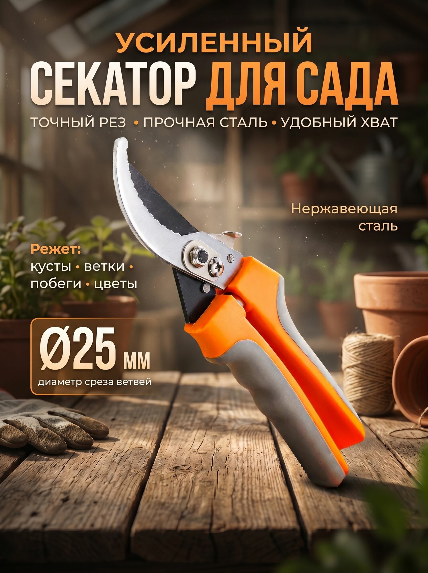 Секатор, сталь/ABS-пластик, эргономичный, регулировка прижима, для веток, сучков и цветов — фото 1