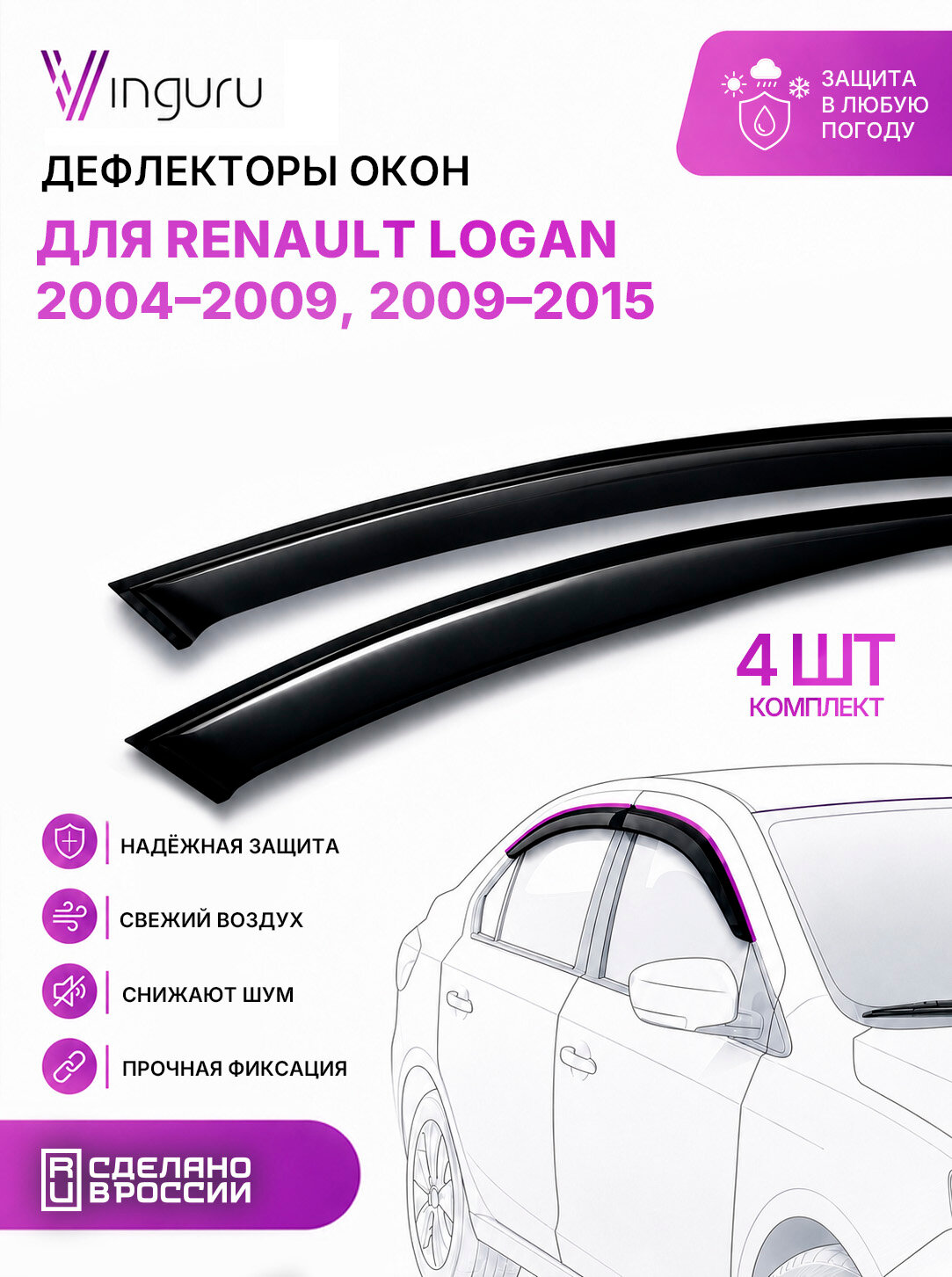 Дефлекторы окон Vinguru RENAULT Logan 2004-2009, 2009-2015 /накладные/скотч/к-т 4 шт./литьевой поликарбонат / Рено Логан
