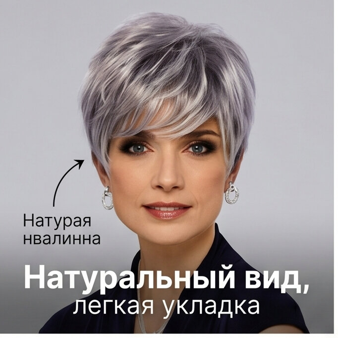 Женская короткая парикма, серый градиент, косая челка, с дышащей сеткой