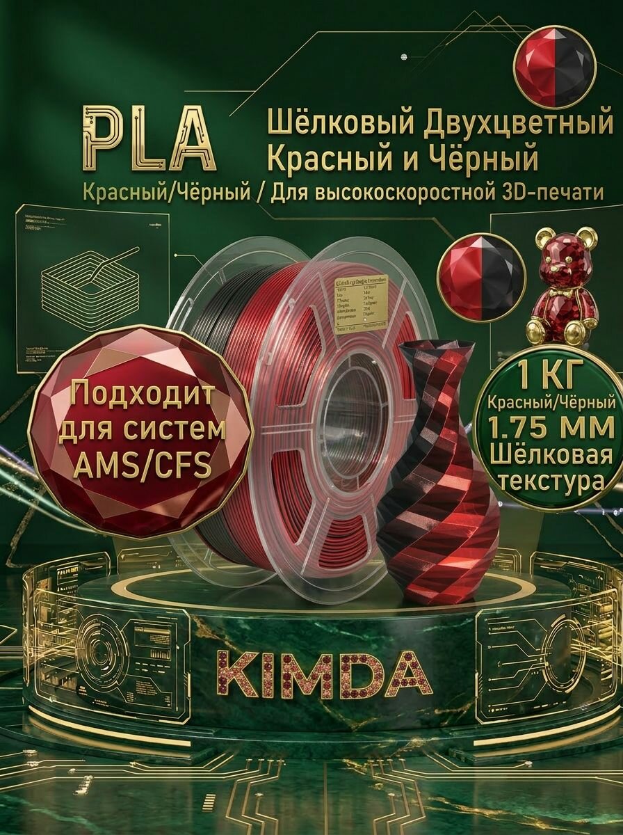 PLA пластик для 3D принтера iSANMATE PLA Silk Dual Black Red, шёлковый двухцветный чёрно-красный, филамент 1 кг