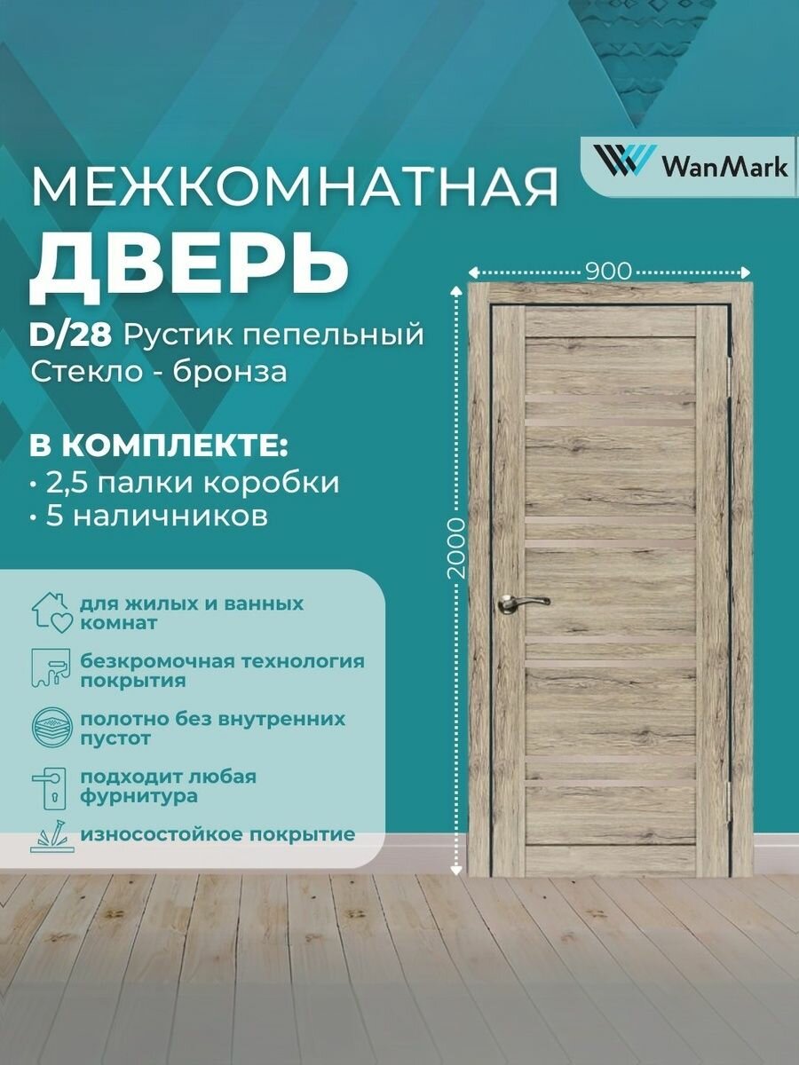 Дверь межкомнатная экошпон D28 со стеклом цвет рустик пепельный 900х2000, в комплекте