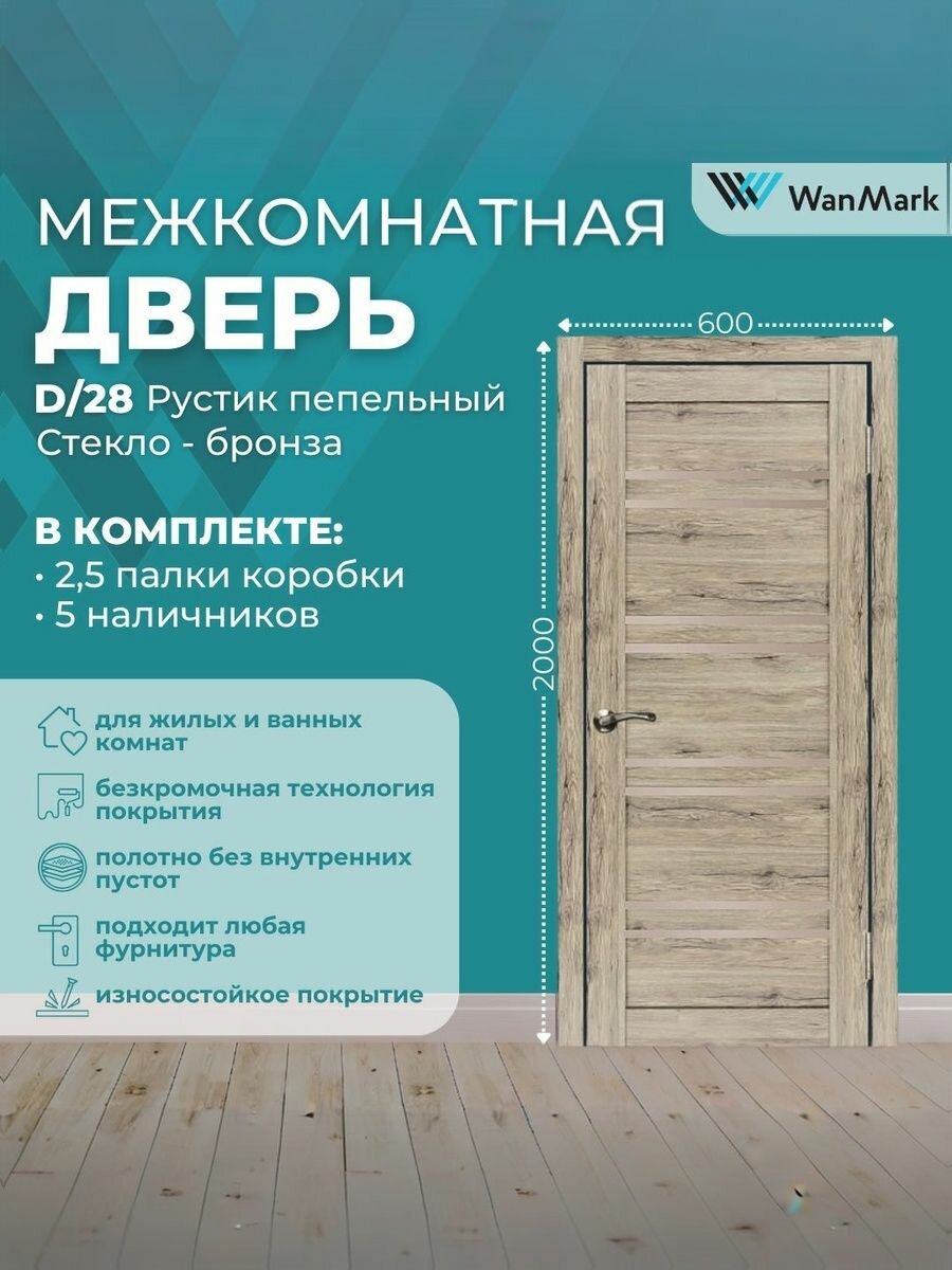 Дверь межкомнатная экошпон D28 со стеклом цвет рустик пепельный 600х2000, в комплекте