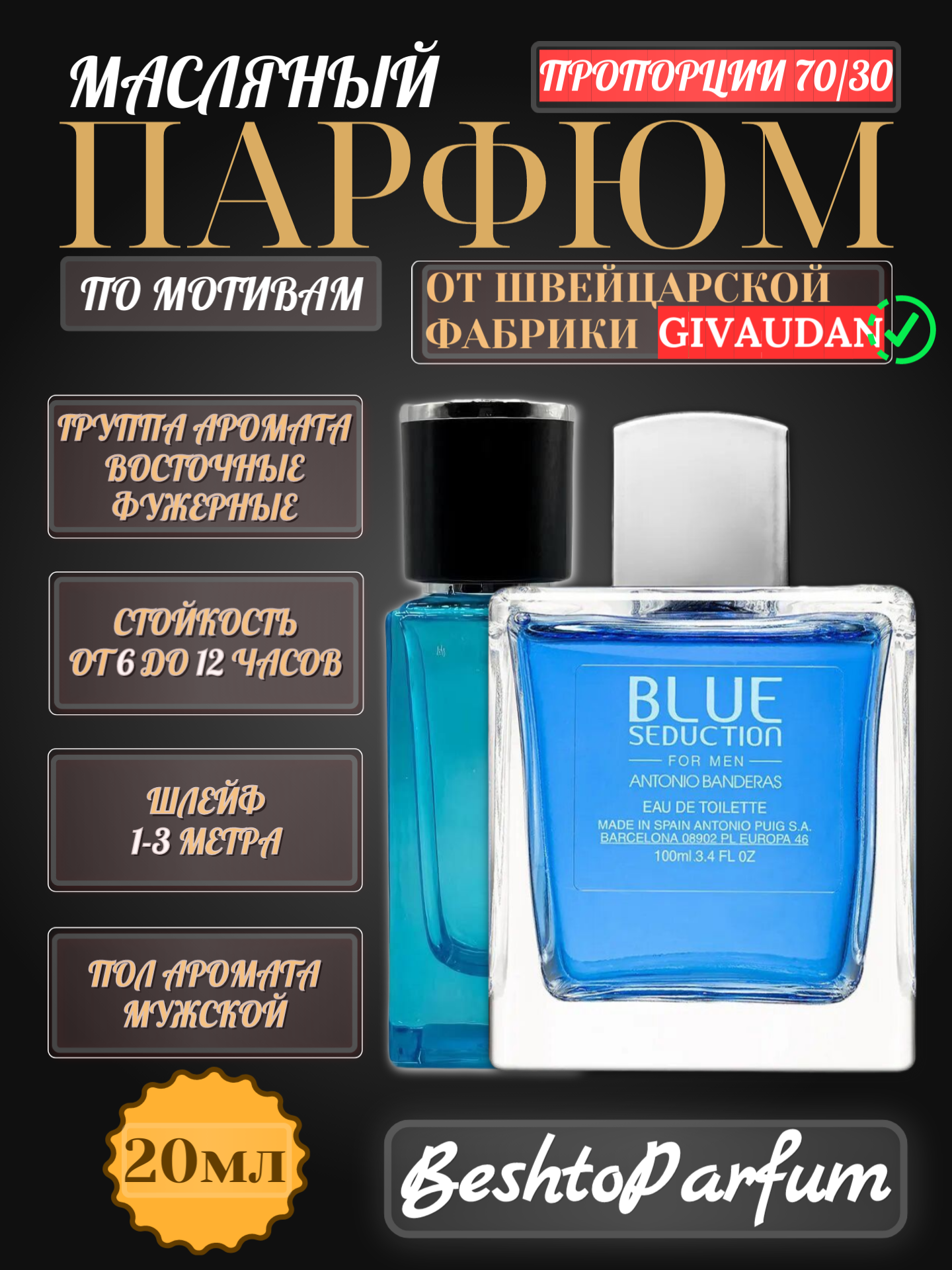 Масляные духи по мотивам Antonio Banderas Blue Seduction Man — акватический фруктово-древесный аромат для мужчин / 20мл