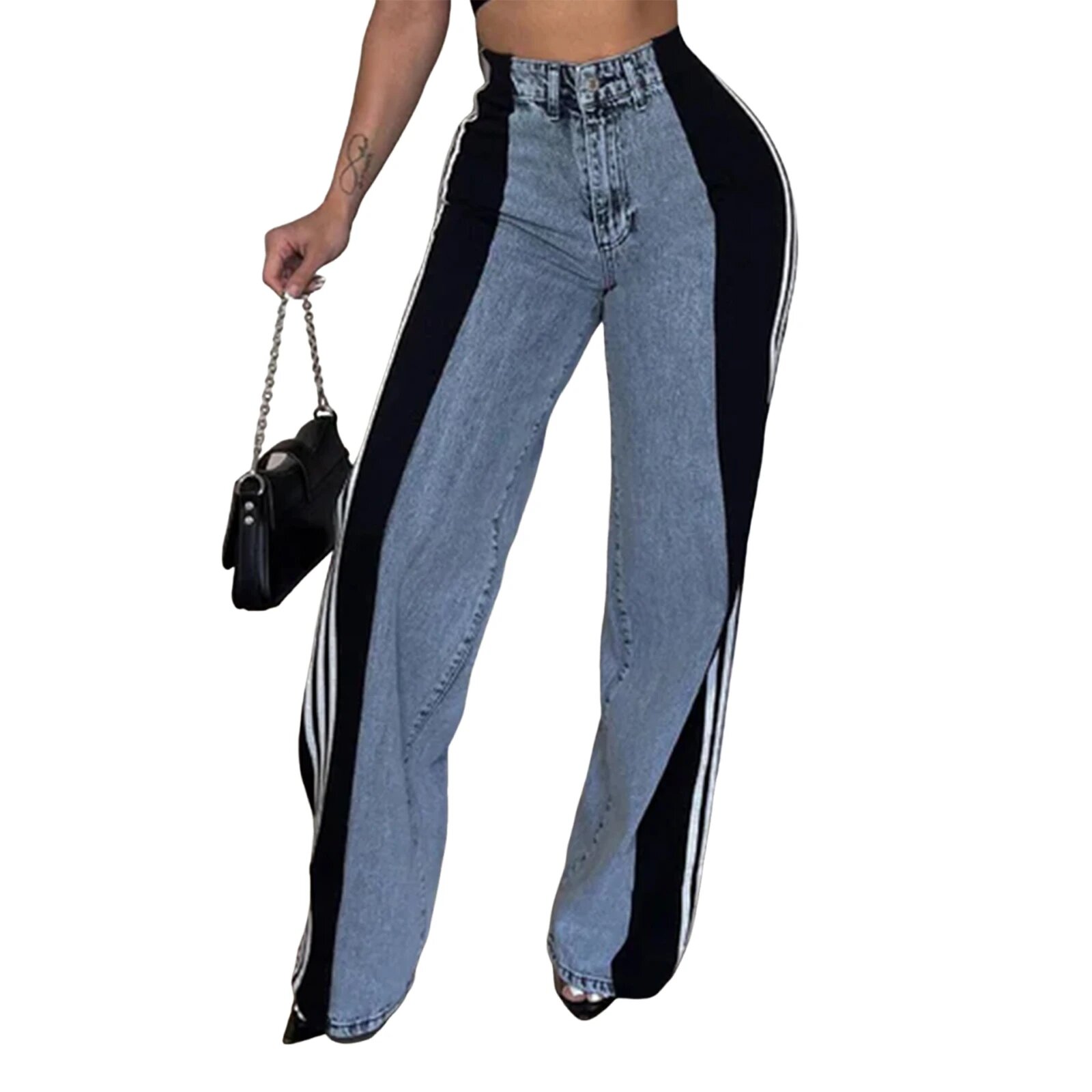 High Waist Loose Wide Leg Side Striped Denim Trouses Women's Spring Summer Baggy Jeans Pants Streetwear