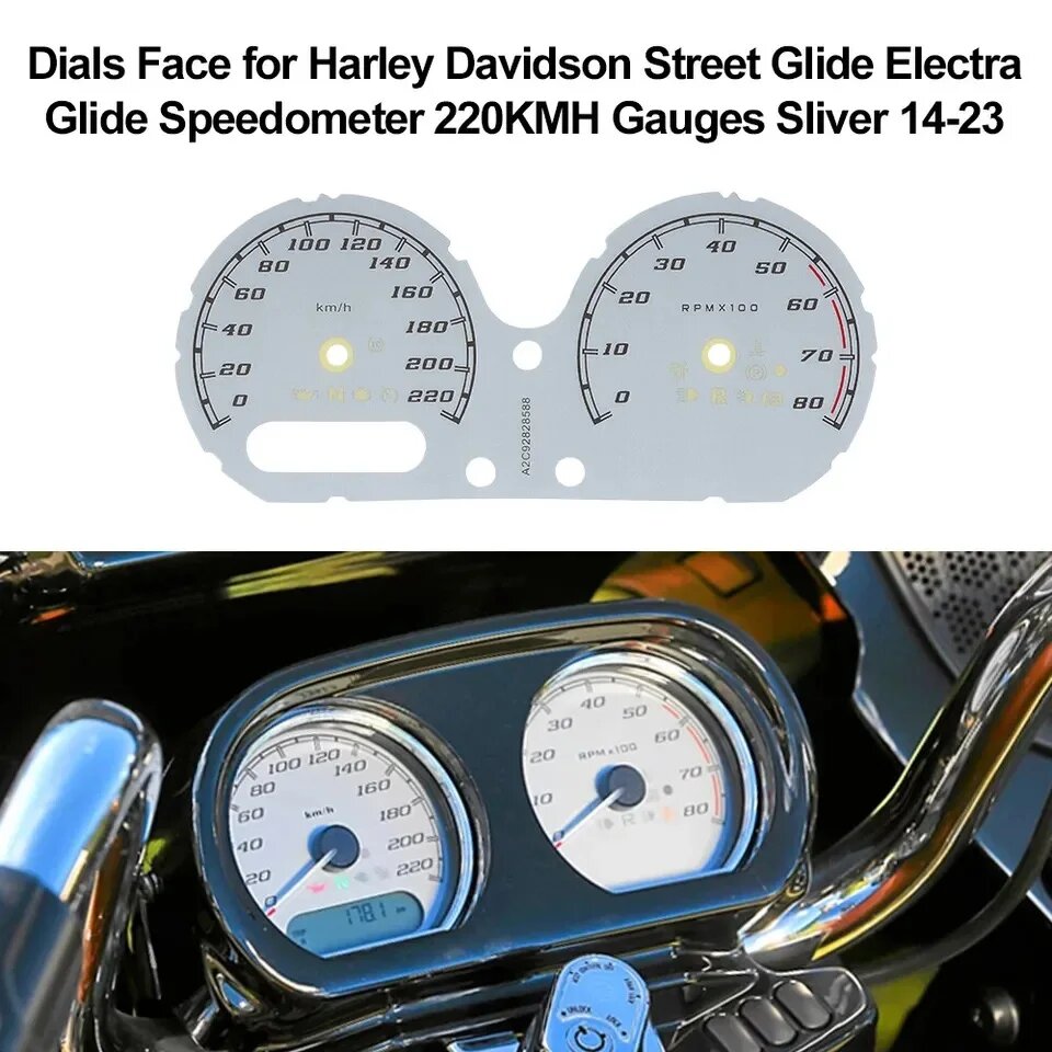 Для Harley Road Glide Ultra: циферблаты приборной панели, спидометр 220 км/ч, тахометр.