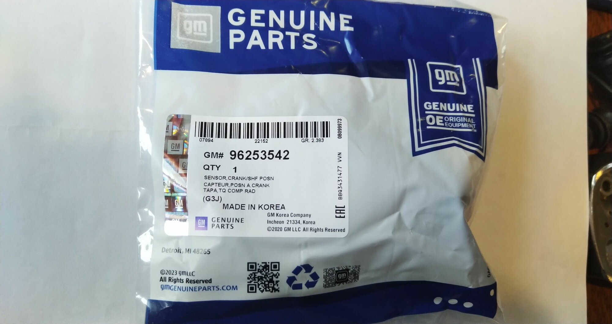 96253542 Датчик положения коленвала General Motors.