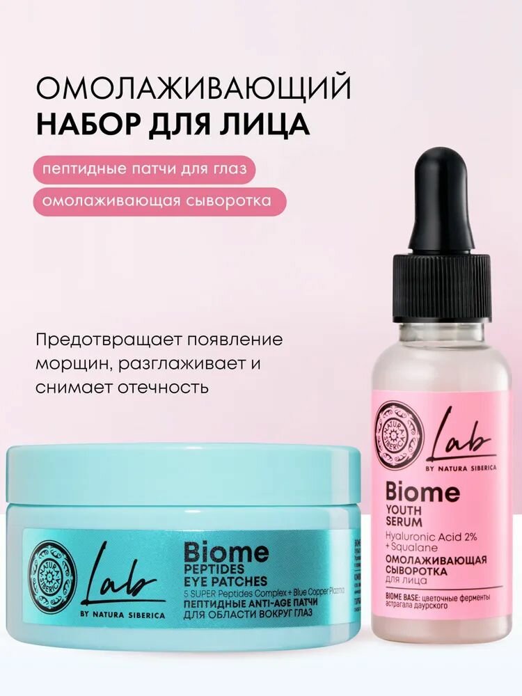 Natura Siberica Lab Biome Набор: гидрогелевые патчи для глаз от морщин, отеков и темных кругов антивозрастные увлажняющие с пептидами 60 шт, сыворотка для лица омолаживающая 30 мл уход за кожей лица косметический набор для кожи вокруг глаз