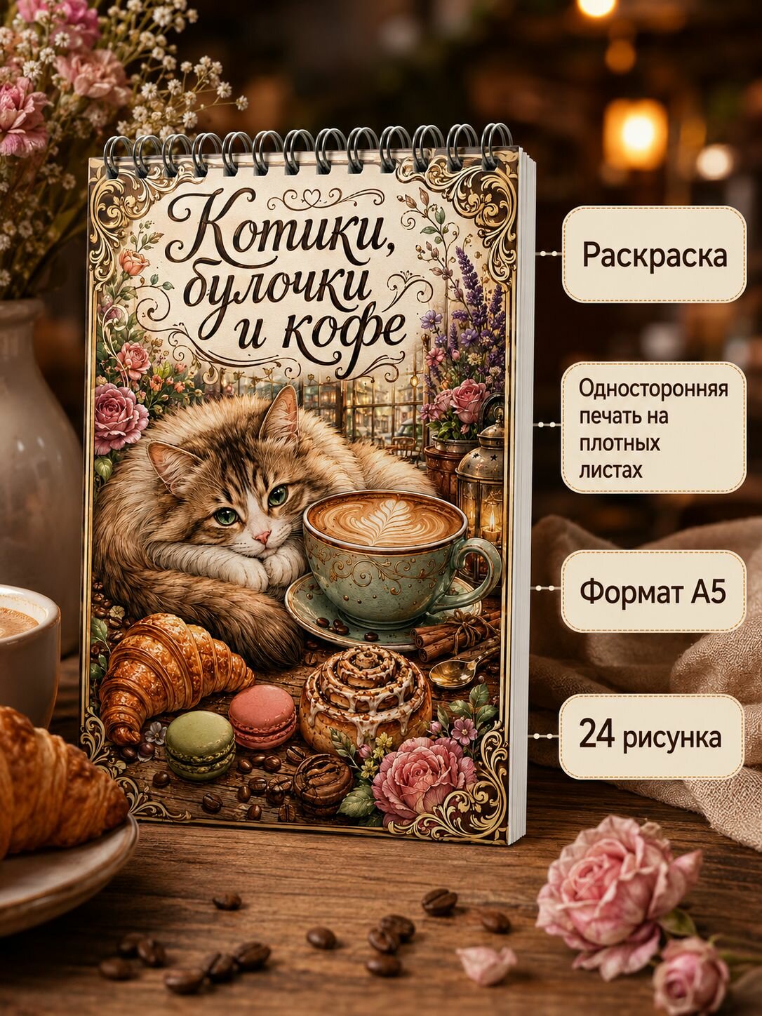 Раскраска антистресс Котики, булочки и кофе