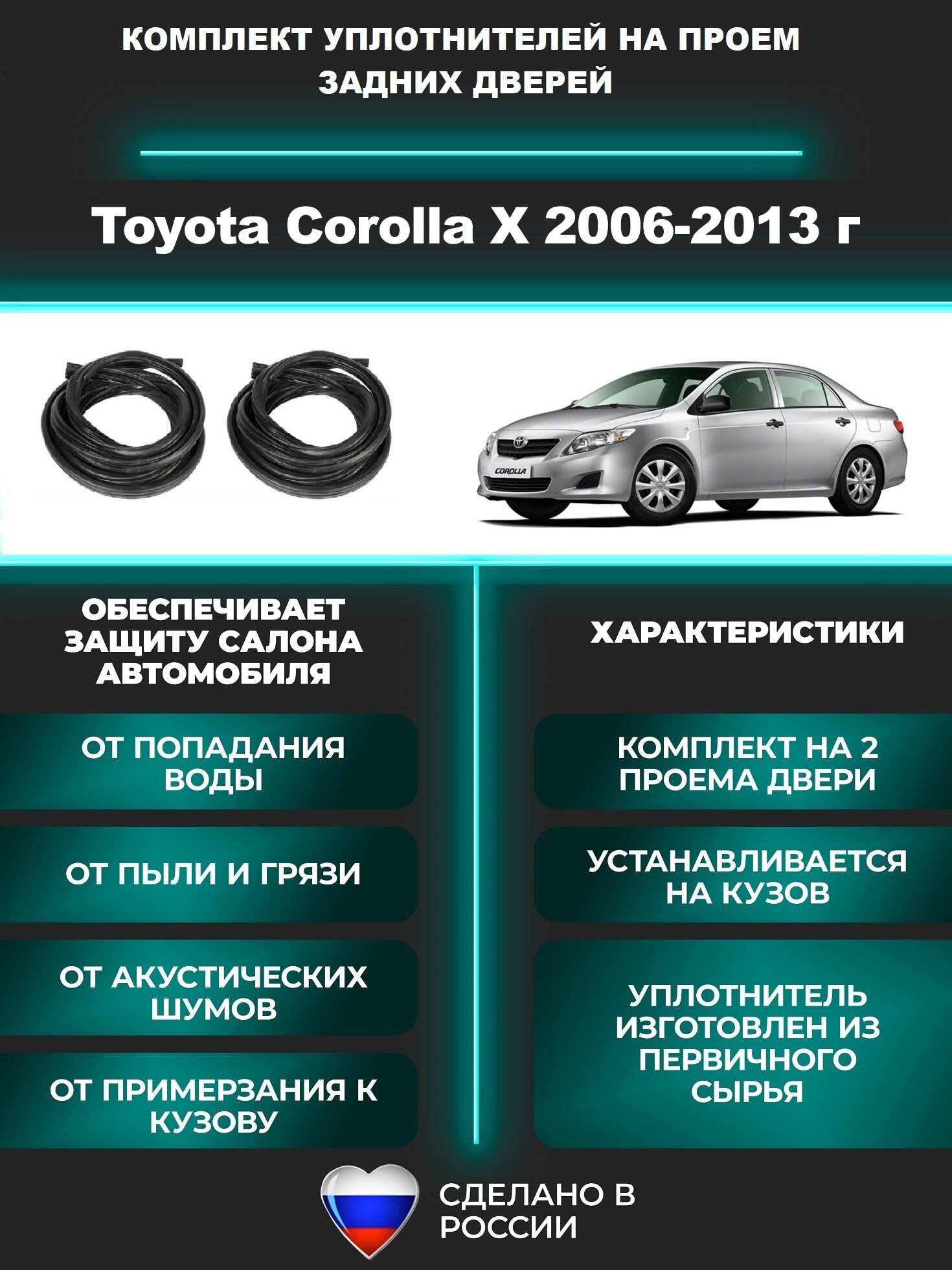 Комплект уплотнителей проема задних дверей Toyota Corolla X 2006-2013 г / Тойота Королла 10 поколение, 2 шт