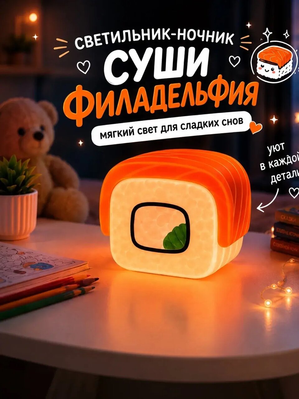 Светильник-Ночник суши "Филадельфия" , LED, мощность 220W, оранжевый