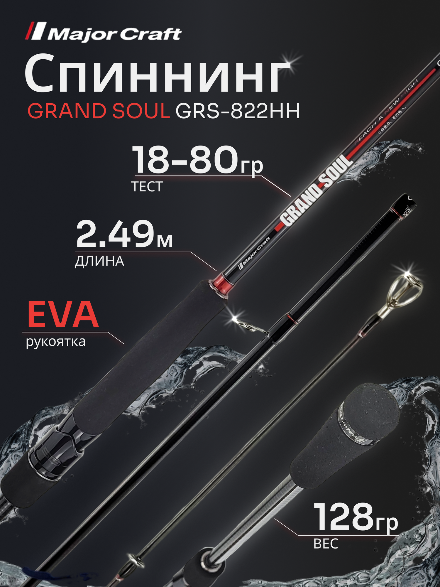 Спиннинг для рыбалки Major Craft GRAND SOUL GRS-822HH, 249 см, тест 18-80гр
