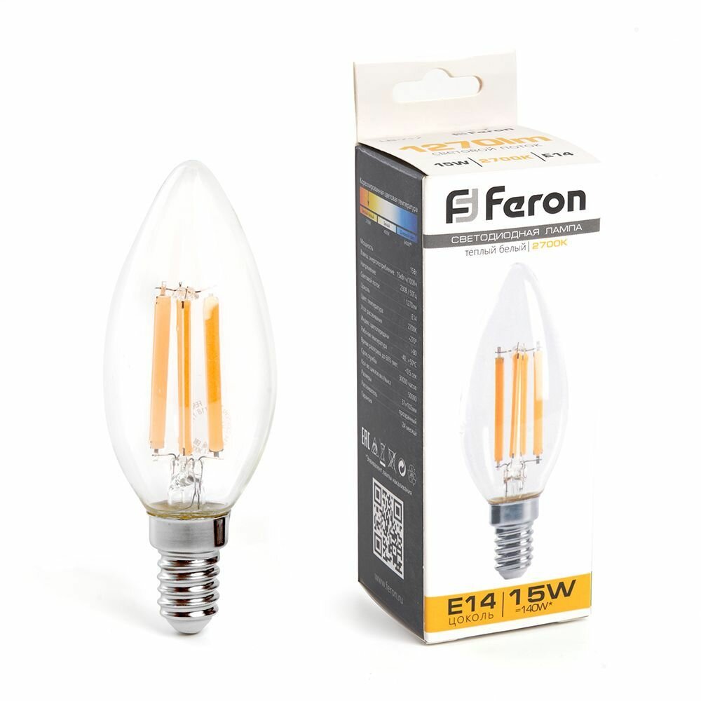 Лампа светодиодная LB-717 Свеча E14 15W 230V 2700K комплект 3 штуки, FERON 38256
