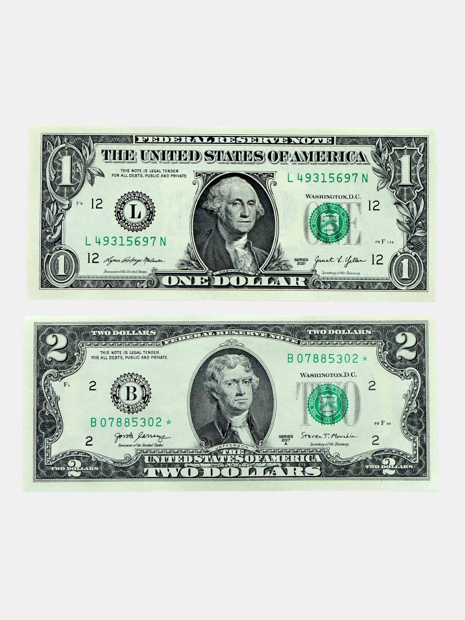 Набор 1 + 2 Доллара США (USD). "1-L" San Francisco 2021 и "2-B" New York 2017. Подлинные Банкноты UNC (из банковской пачки)