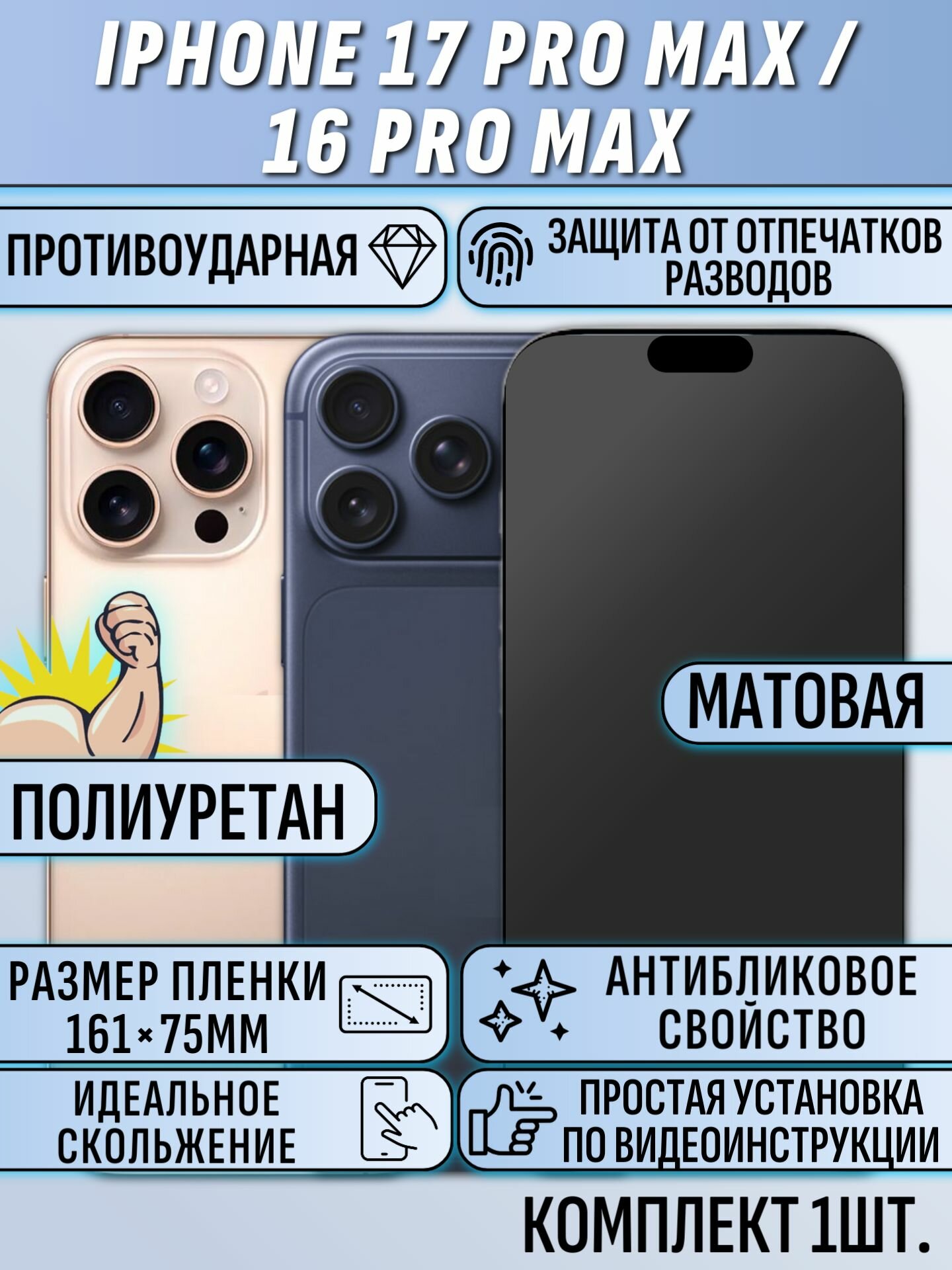 Гидрогелевая пленка айфон 17 про макс / айфон 16 про макс / iPhone 16 Pro Max / iPhone 17 Pro Max матовая